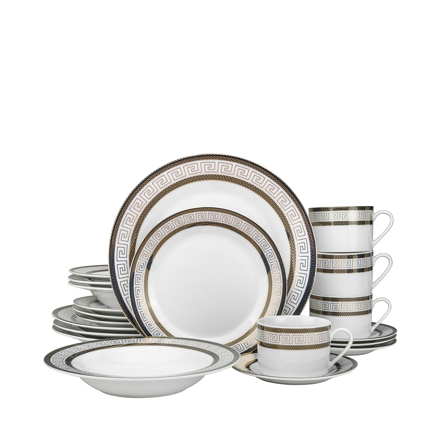 20 Piece Dark Greek Key Design Dinner Set for 4, Fine Porcelain
