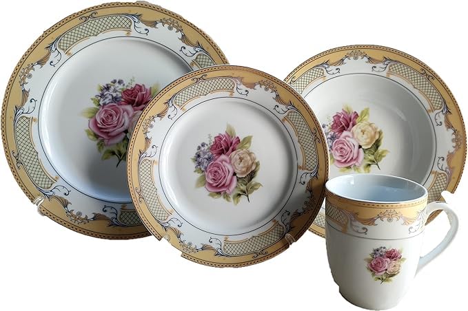 White with Gold Dinnerware Set - Roses 16 Piece Vintage Porcelain Tabl