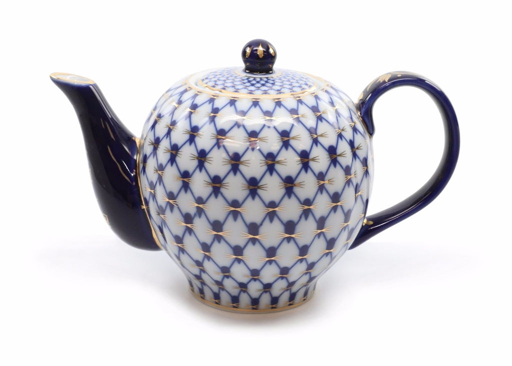 Royalty Porcelain Lomonosov Cobalt Blue Net Medium Teapot, Russian Pat