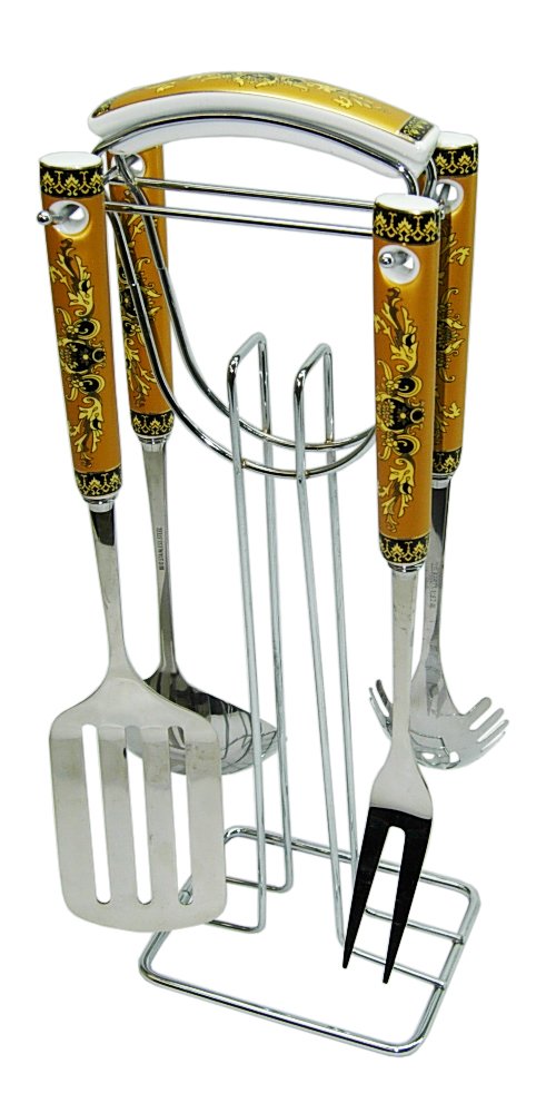 (D) Porcelain and Stainless Steel Kitchen Utensil Set Flower Decor 5-p