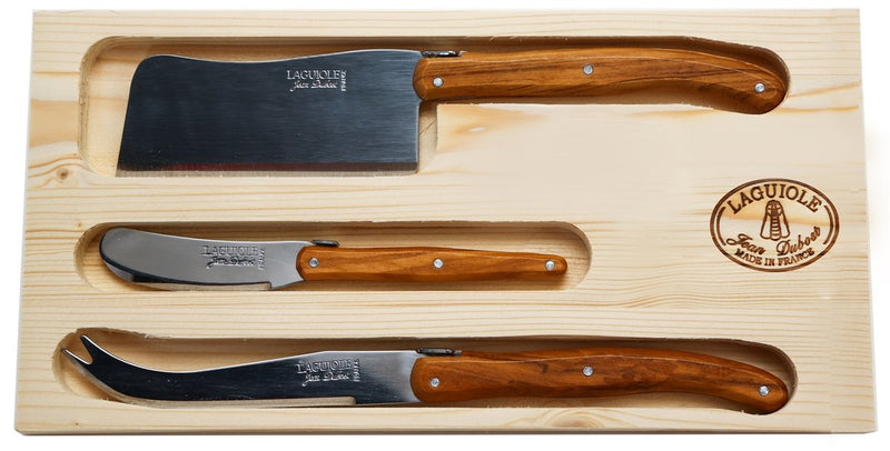 (D) Laguiole Hand Made French Rustic Range Olive Wood 3-pc Cheese Set,