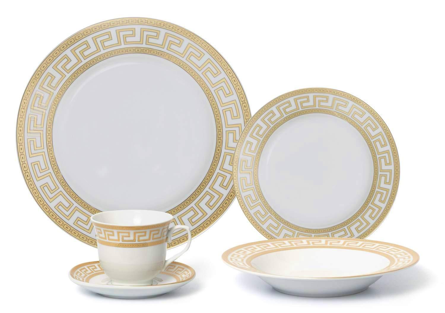 57 Piece Dinner Set for 8, Greek Key Pattern, Fine Porcelain Gold Deco